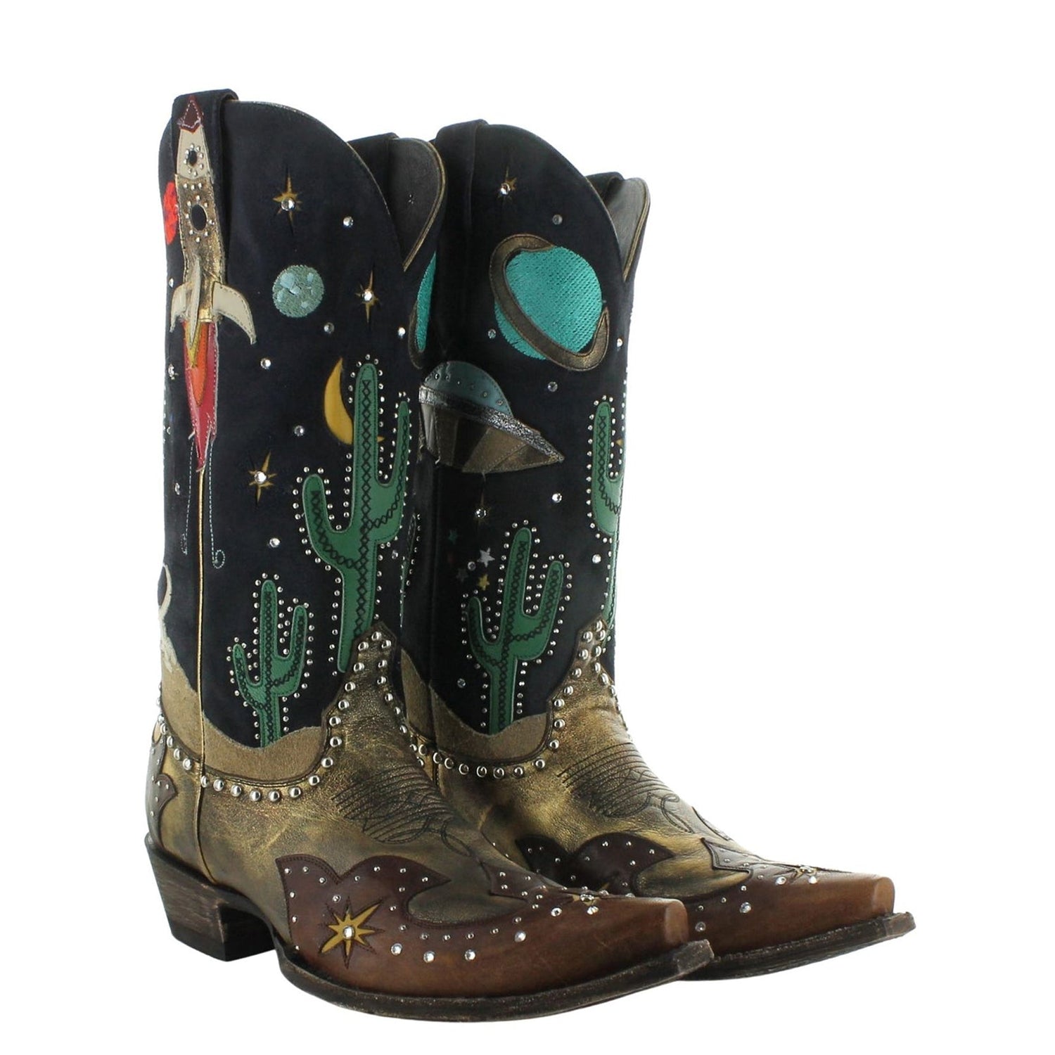 Women's Puffy Leather Overlay Studded Western Boots | Galactic Buckaroo ...